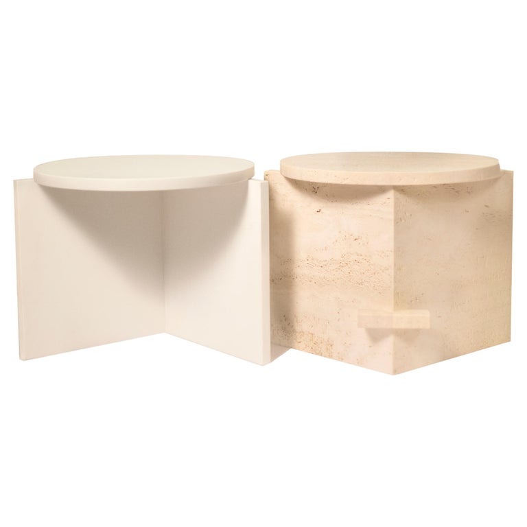 Paire de tables basses rondes en pierre, marbre et travertin blanc ...