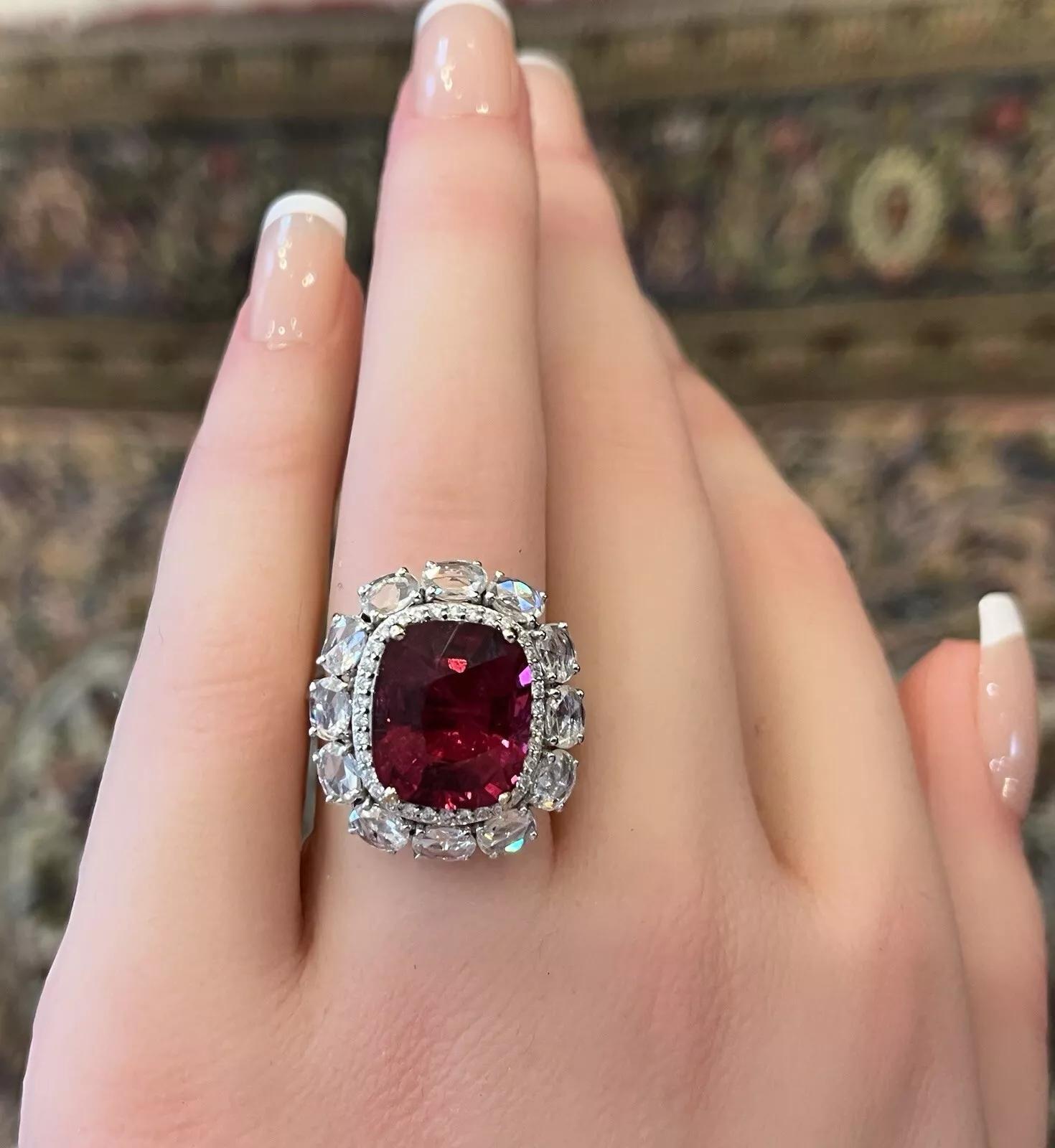 Natural Rubellite and Diamond Ring in 18k White Gold For Sale at 1stDibs