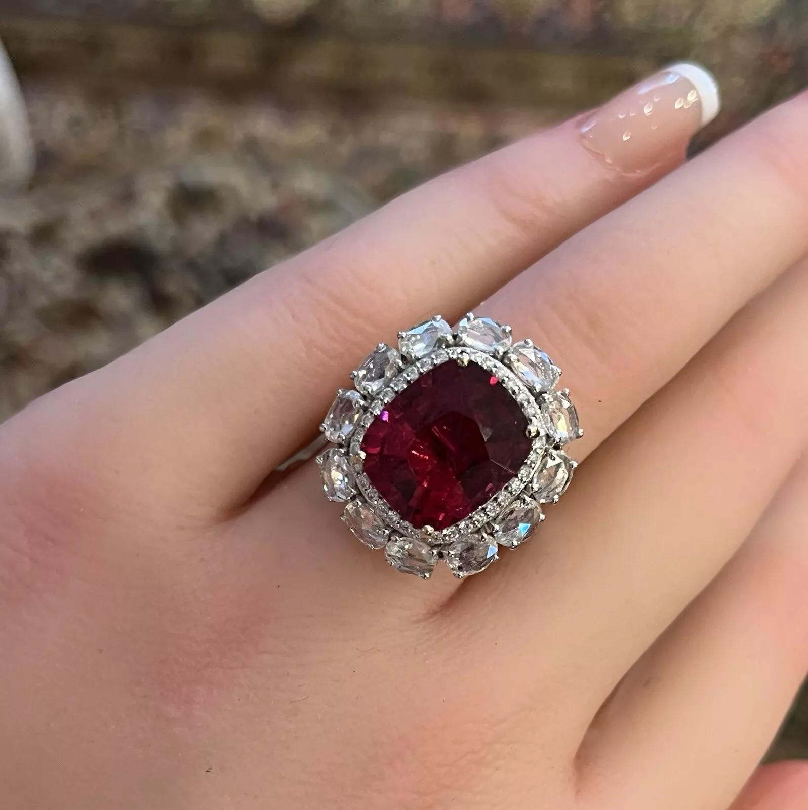 Natural Rubellite and Diamond Ring in 18k White Gold For Sale at 1stDibs