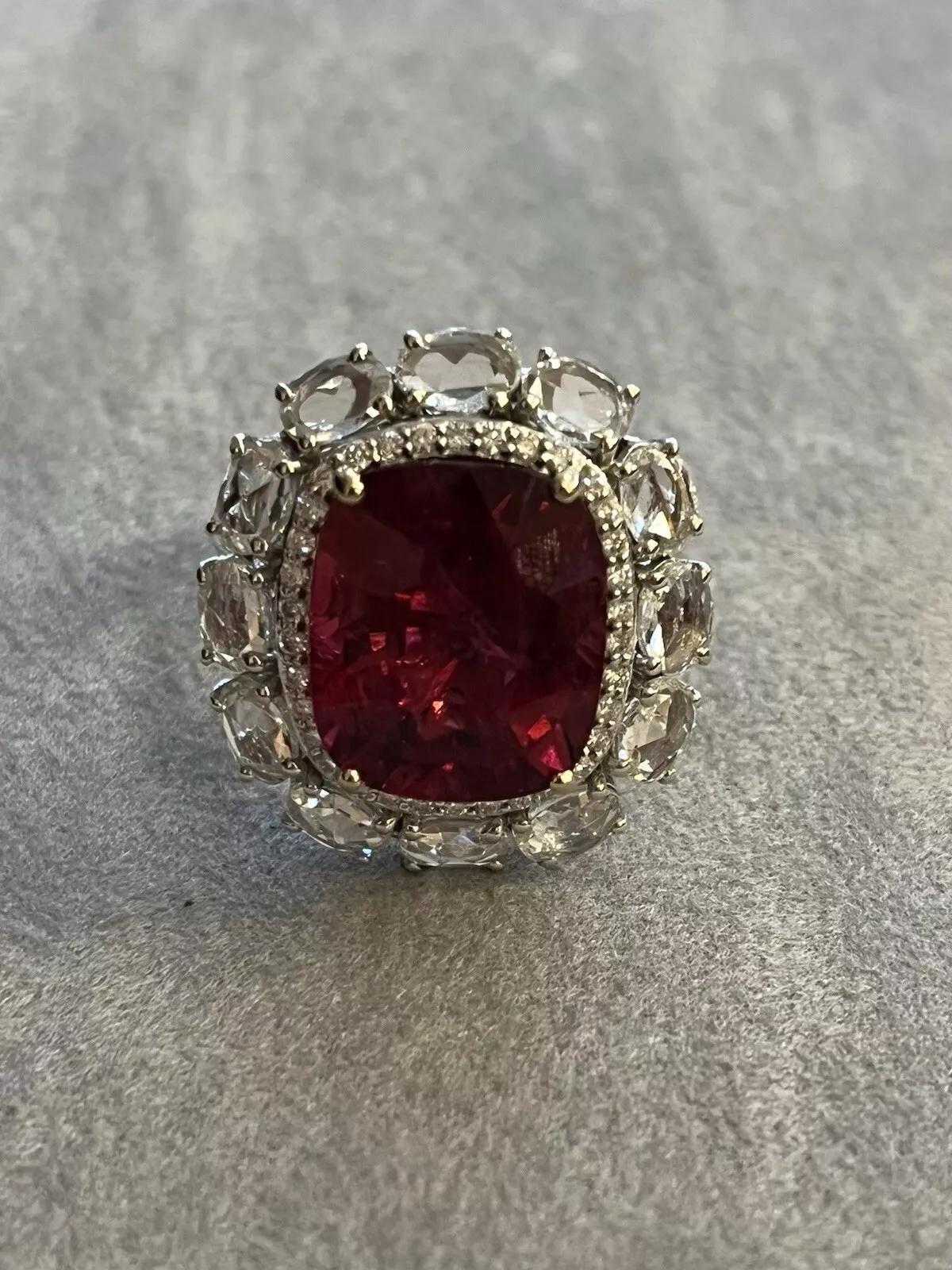 Natural Rubellite and Diamond Ring in 18k White Gold For Sale at 1stDibs