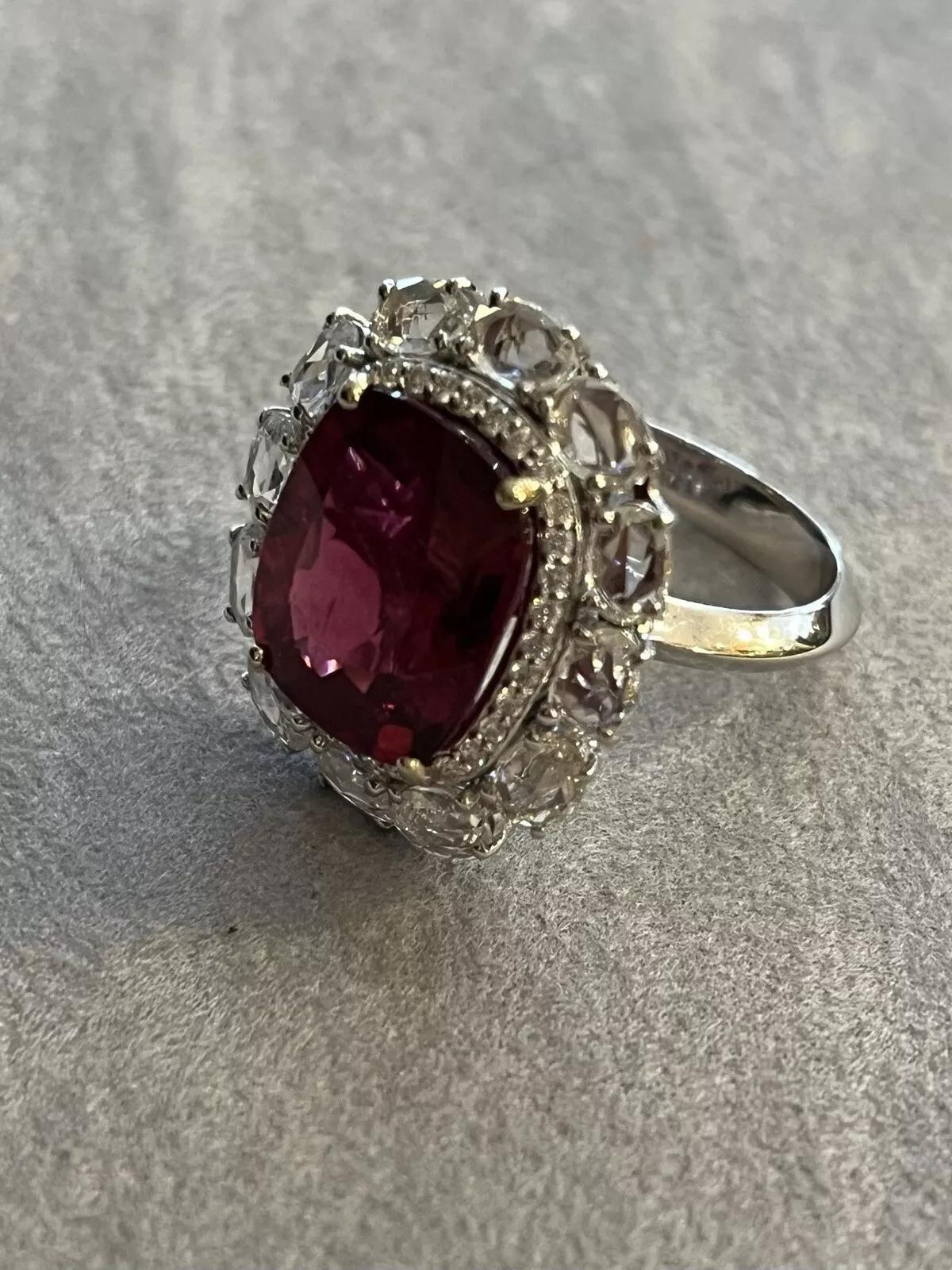 Natural Rubellite and Diamond Ring in 18k White Gold For Sale at 1stDibs