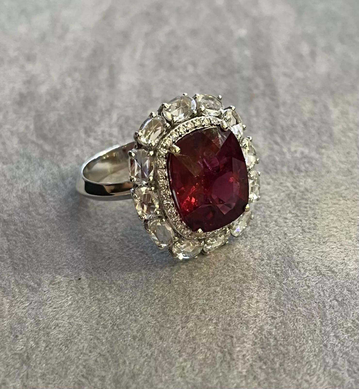Natural Rubellite and Diamond Ring in 18k White Gold For Sale at 1stDibs