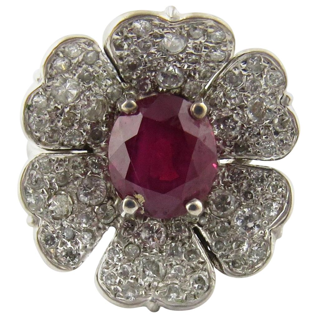 Ruby and Diamond Gold Flower Cocktail Ring For Sale at 1stDibs
