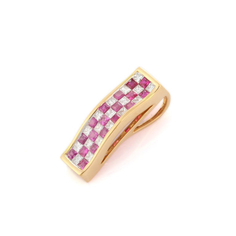 Natural Ruby and Diamond Bar Pendant Studded in 18K Yellow Gold, Ruby ...