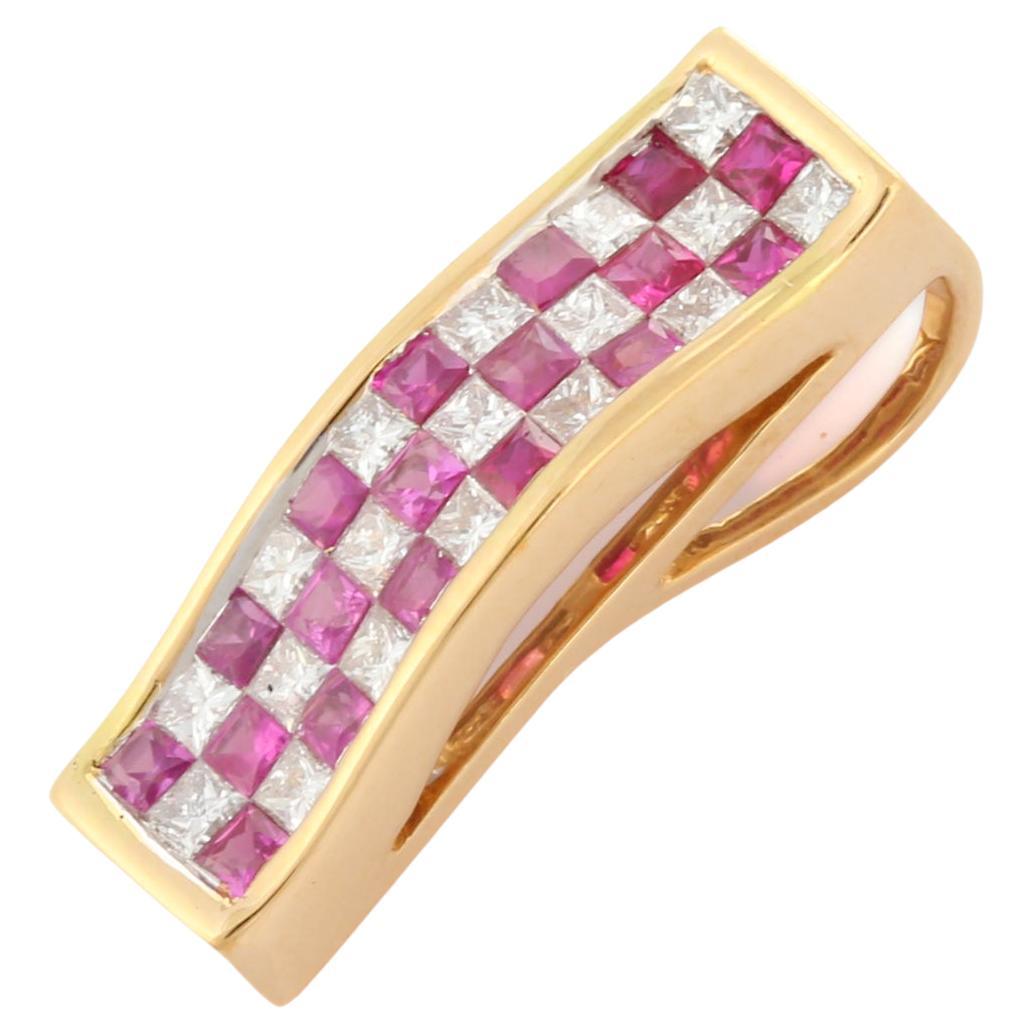 18K Yellow Gold Minimalist Ruby Diamond Pendant Art Nouveau Style Ruby ...