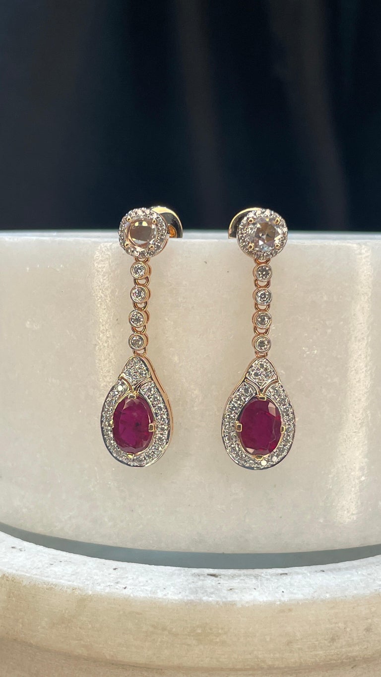 Natural Ruby and Diamond Dangle Earrings in 14K Rose Gold For Sale at ...