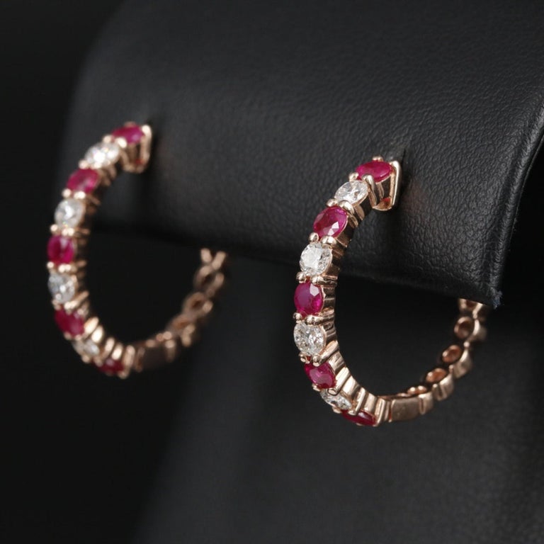Natural Ruby and Diamond Hoop Earrings, Cute earrings for her For Sale ...