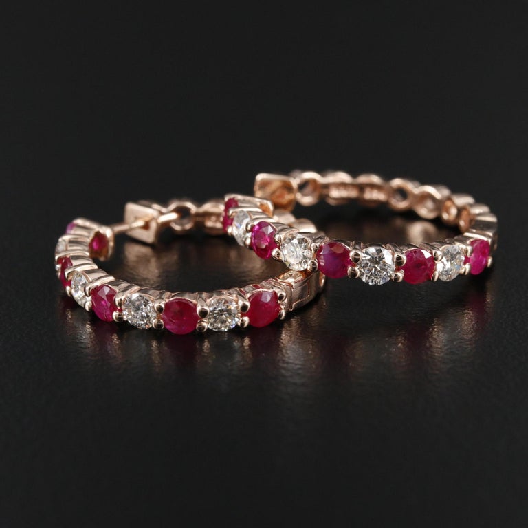 Natural Ruby and Diamond Hoop Earrings, Cute earrings for her For Sale ...