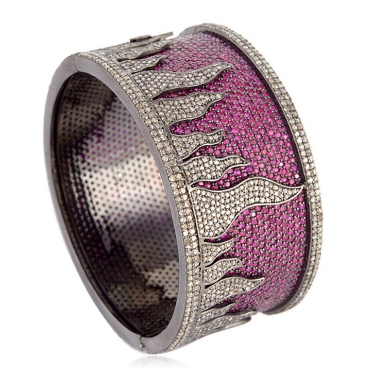 Natural Ruby Cuff with Fire Design Pattern and Pave Diamonds Made in ...