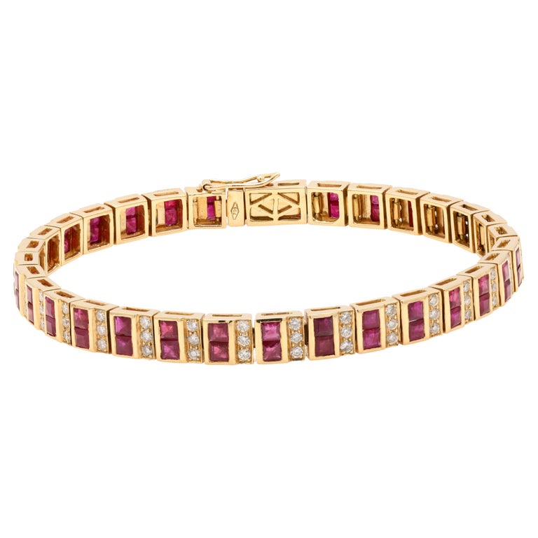 18K Yellow Gold Handmade Ruby Tennis Bracelet with Diamonds For Sale at ...