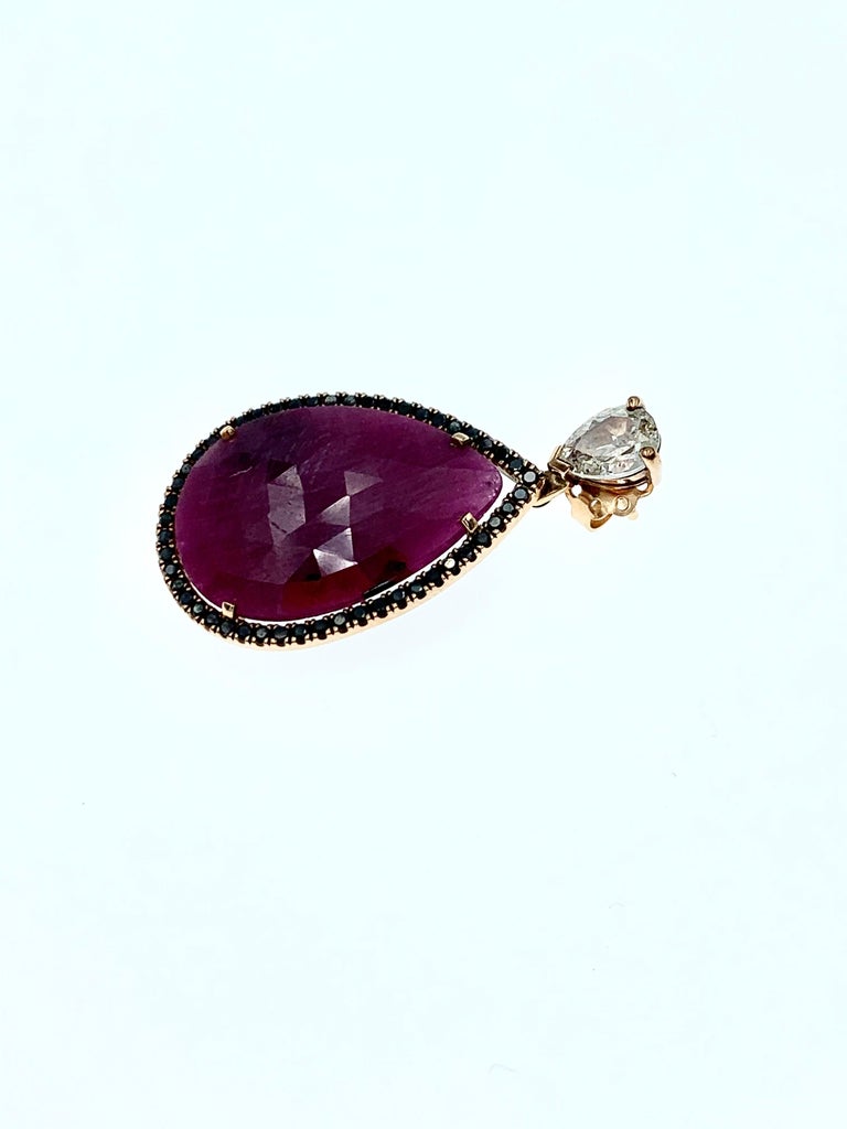 Natural Ruby Rose Cut Pears in a Black Diamond Halo, Rose Gold and ...
