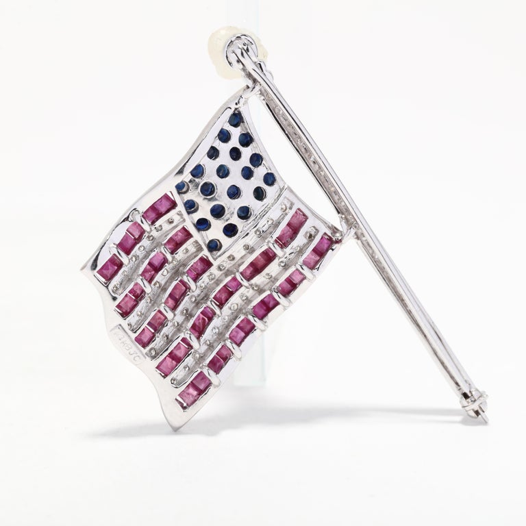 Natural Ruby Sapphire Diamond American Flag Brooch, 14k White Gold ...