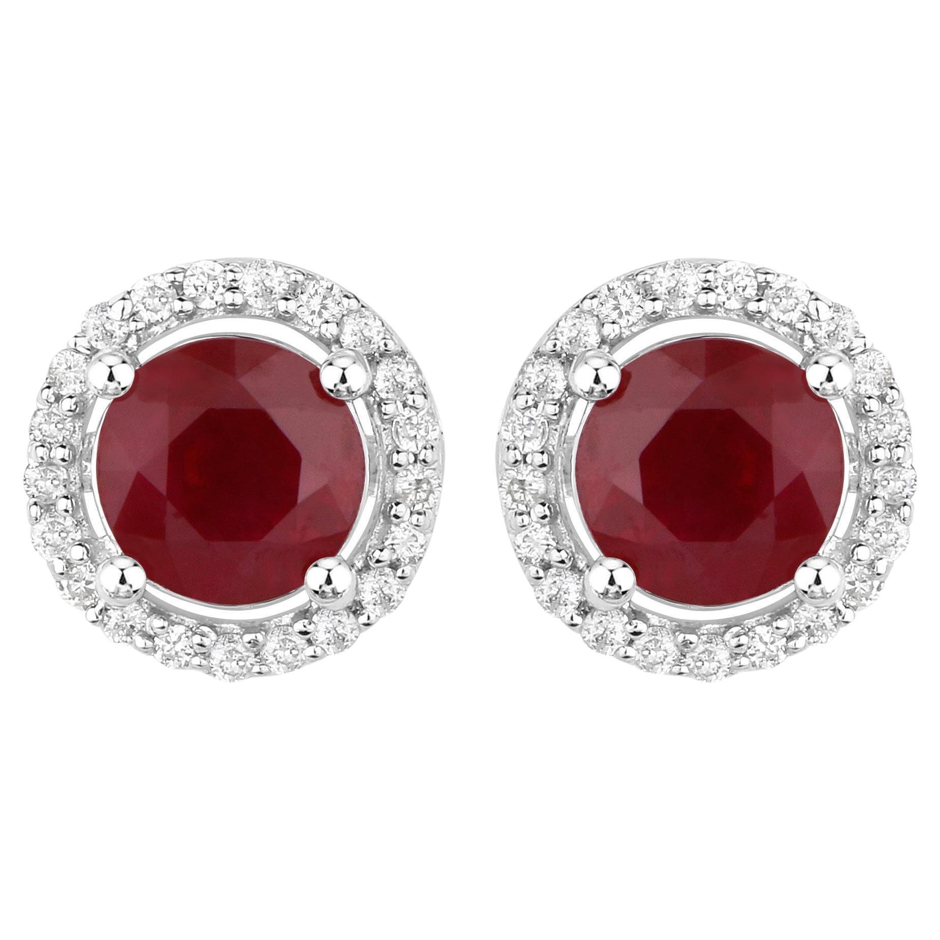 Natural Ruby Stud Earrings Diamond Halo 14K White Gold For Sale at 1stDibs