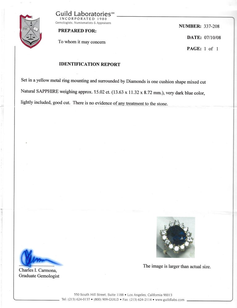 Natural Sapphire Diamond Gold Ring, 15.02 Carat No Treatment Guild Lab ...