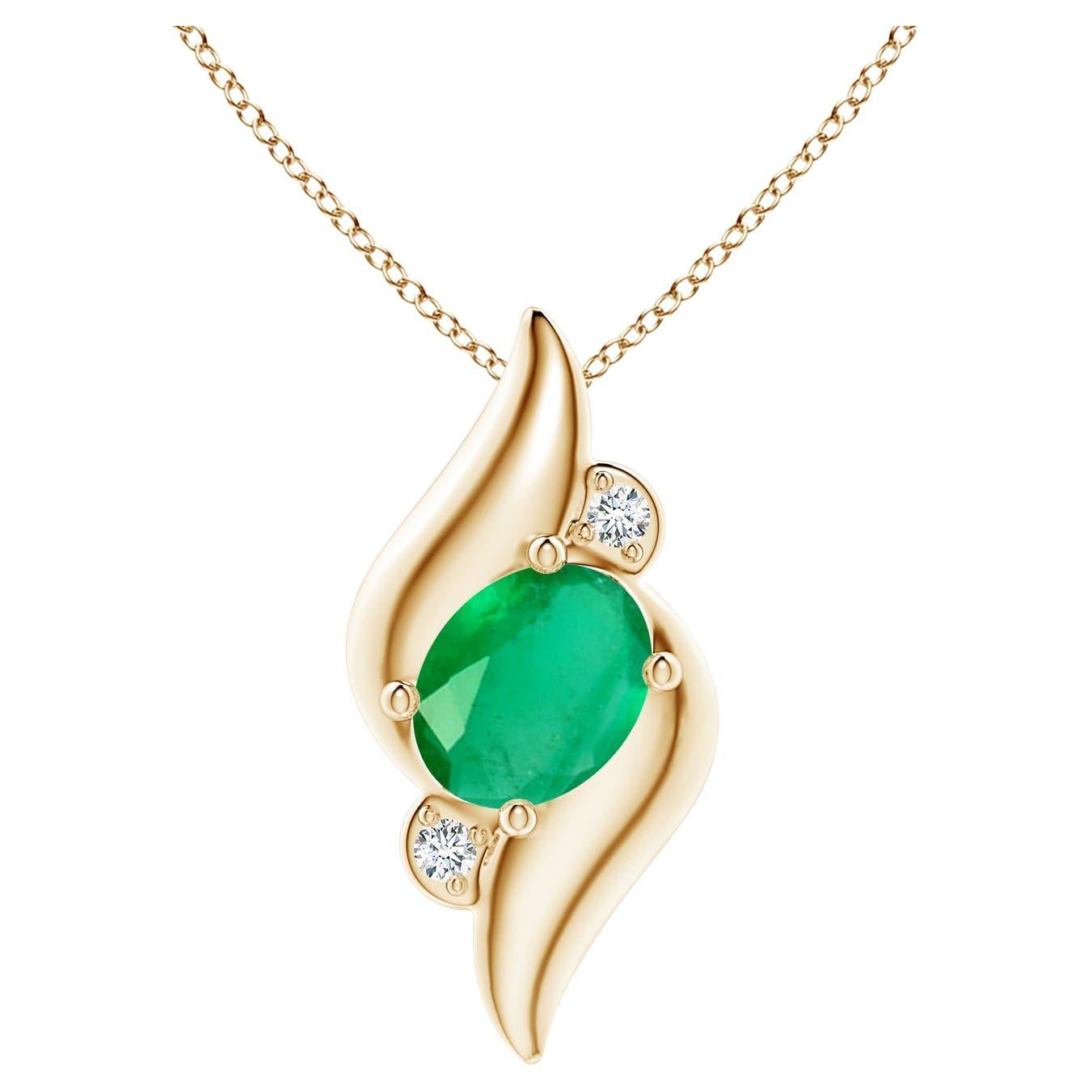 Natural Shell Style Oval Emerald and Diamond Pendant in 14K Yellow Gold ...