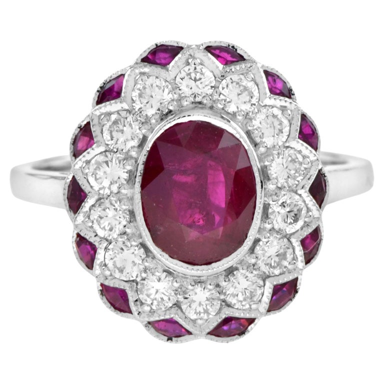 Art Deco Style Natural Ruby and Diamond Flower Halo Ring in 18K White ...