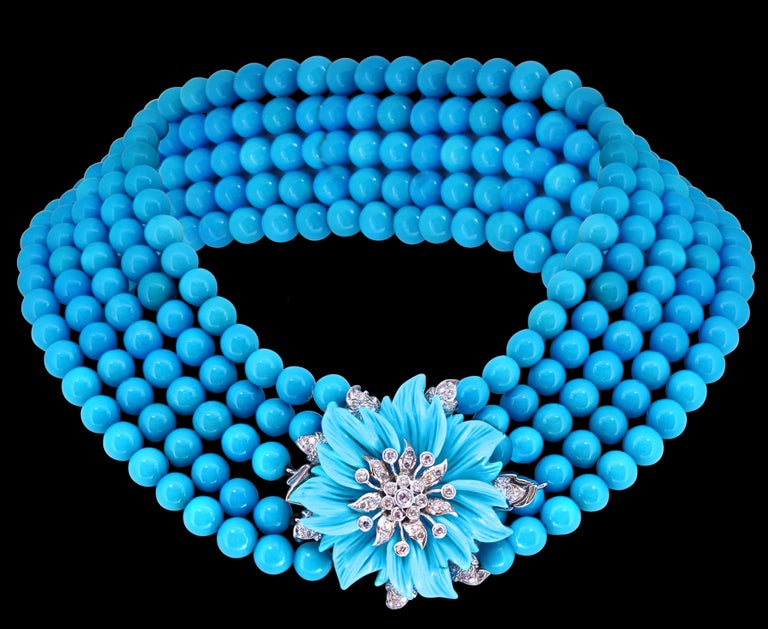 Natural Sleeping Beauty Turquoise Necklace Five-Strand and Diamond ...