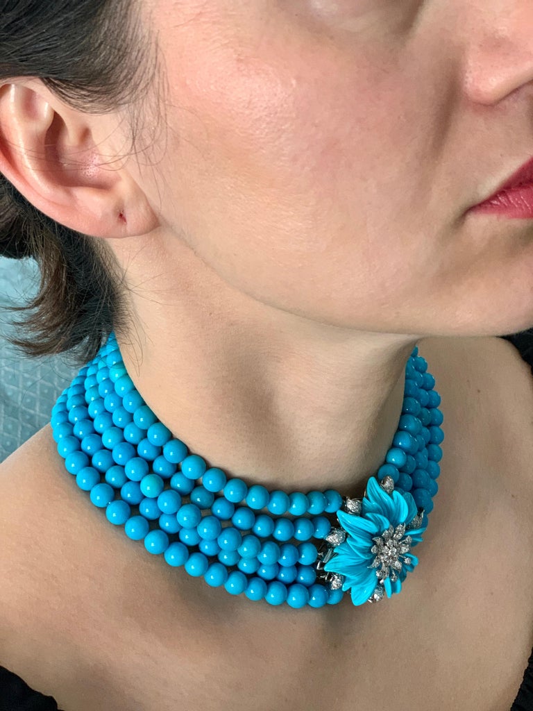 Natural Sleeping Beauty Turquoise Necklace Five-Strand and Diamond ...