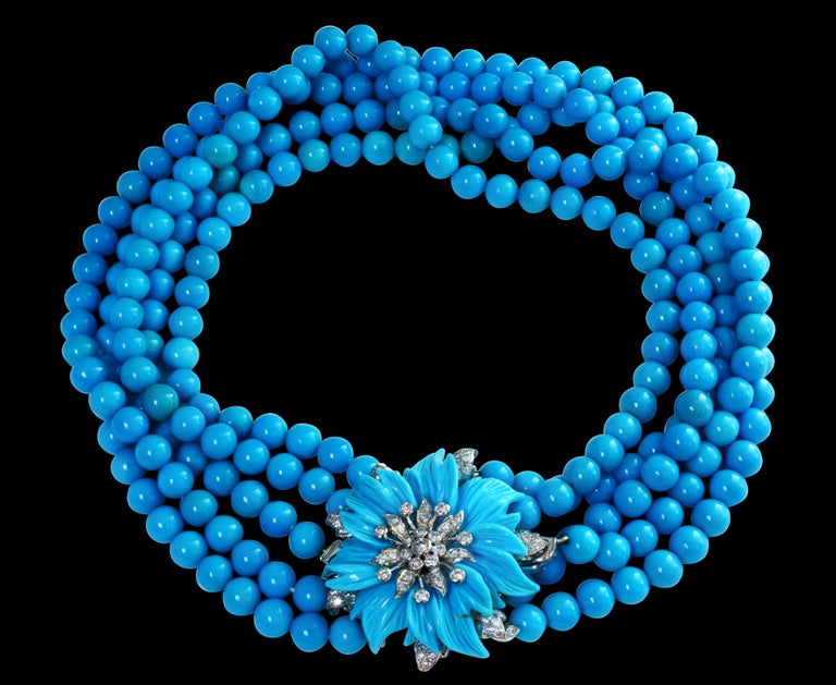 Natural Sleeping Beauty Turquoise Necklace Five-Strand and Diamond ...