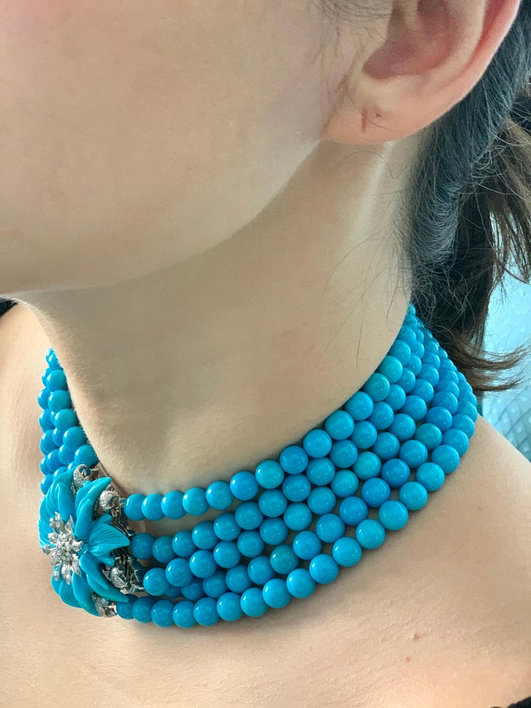 Natural Sleeping Beauty Turquoise Necklace Five-Strand and Diamond ...