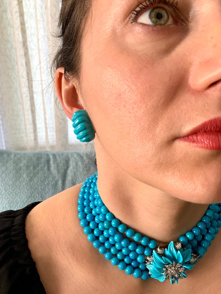 Natural Sleeping Beauty Turquoise Necklace Five-Strand and Diamond ...