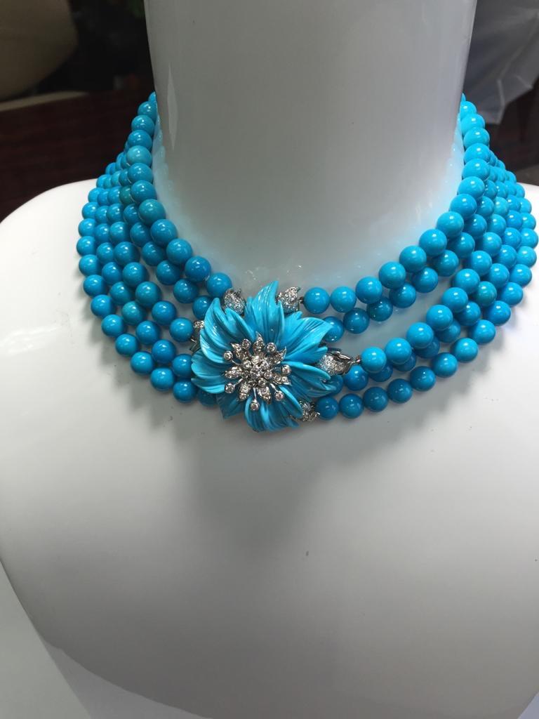 Natural Sleeping Beauty Turquoise Necklace Five-Strand and Diamond ...