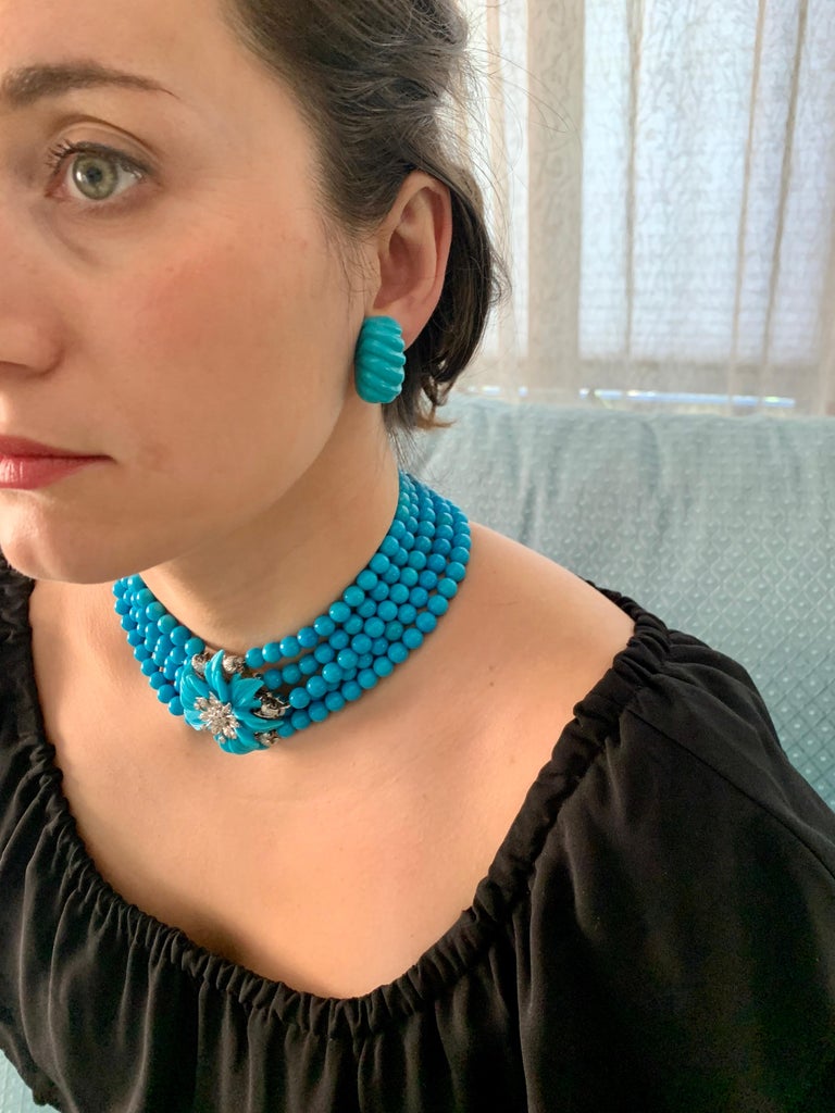 Natural Sleeping Beauty Turquoise Necklace Five-Strand and Diamond ...