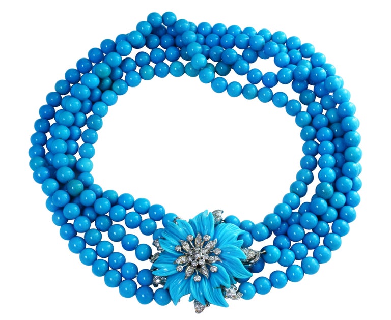 Natural Sleeping Beauty Turquoise Necklace Five-Strand and Diamond ...
