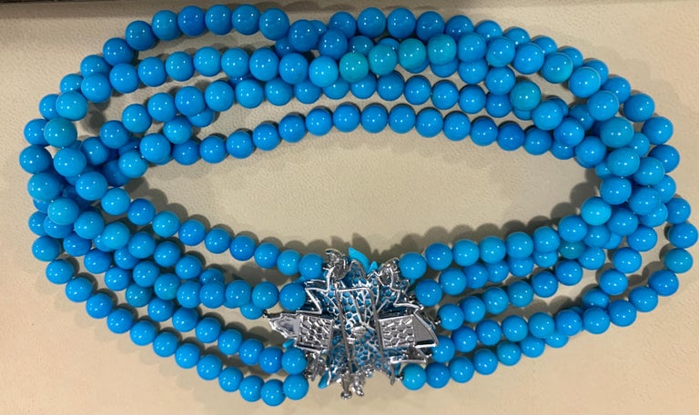 Natural Sleeping Beauty Turquoise Necklace Five-Strand and Diamond ...