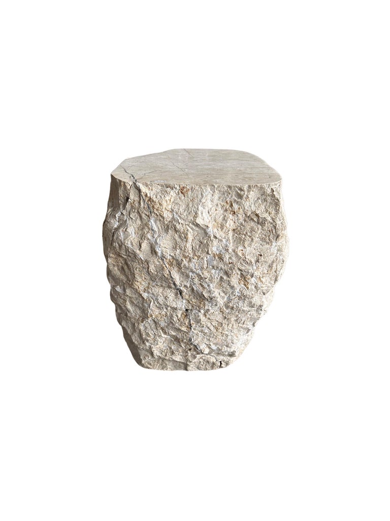 Natural Solid Marble Side Table with Chiselled Finish and Smooth Top at ...