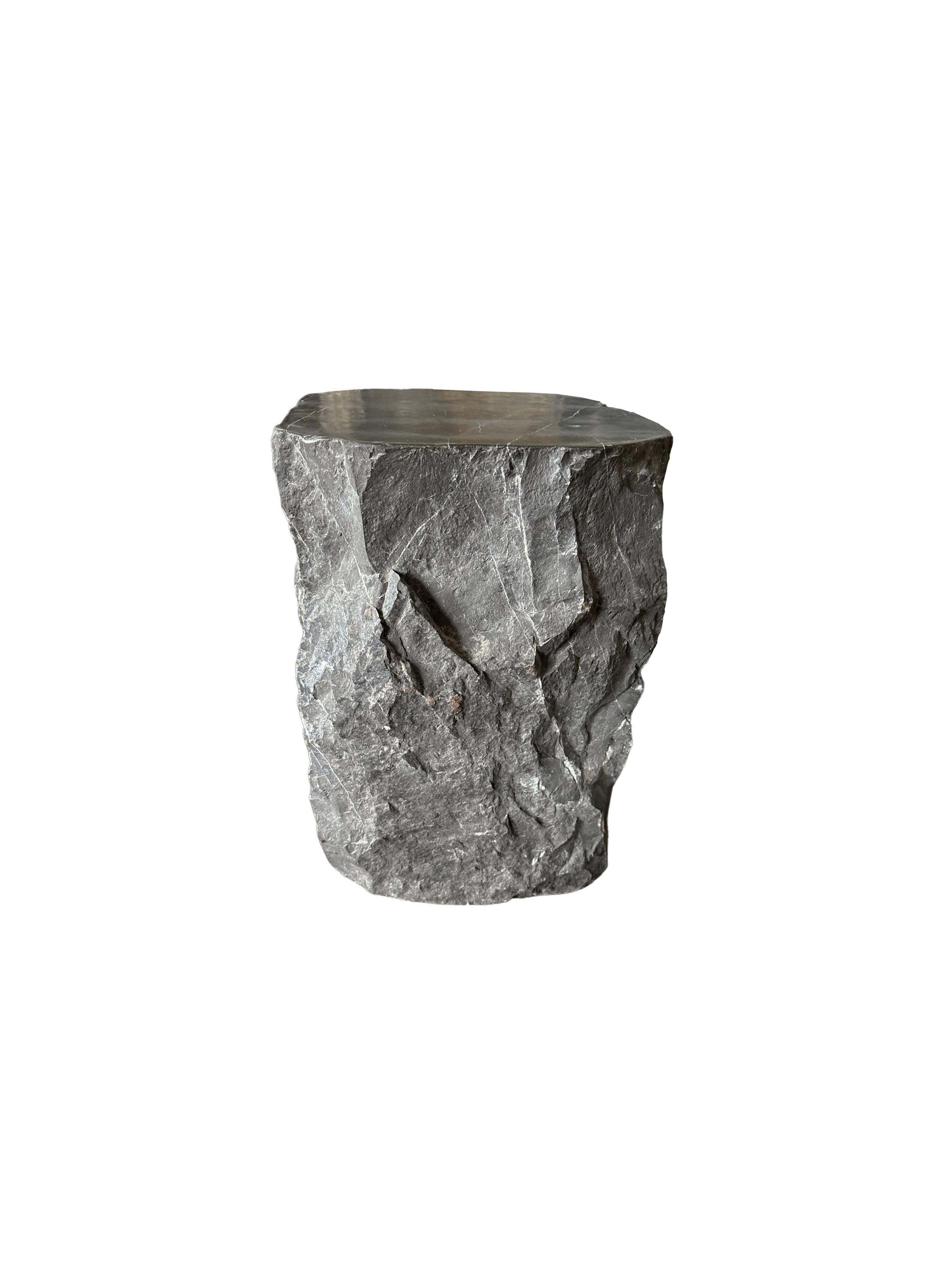 Natural Solid Marble Side Table with Chiselled Finish and Smooth Top ...