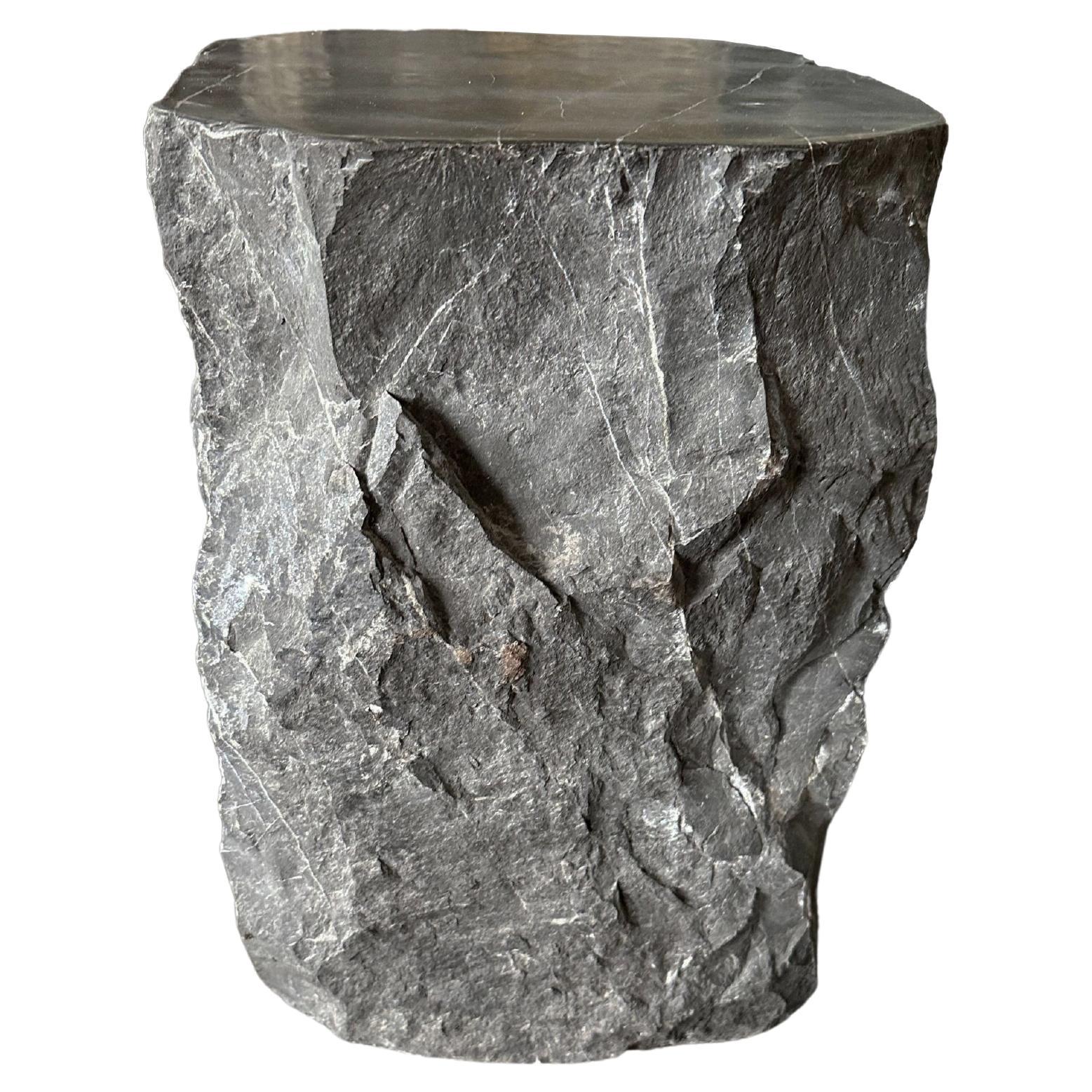 Natural Solid Marble Side Table with Chiselled Finish and Smooth Top ...