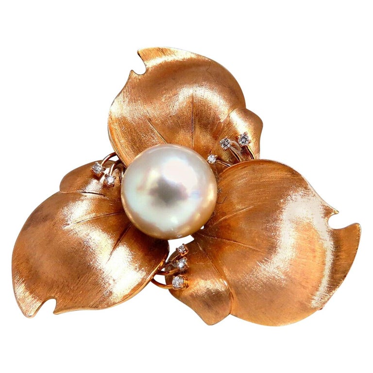 Natural South Sea Pearl Flower Pin 14 Karat at 1stDibs