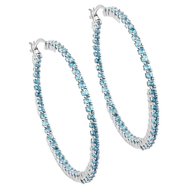 Natural Swiss Blue Topaz Hoop Earrings Total 3.60 Carats Rhodium Plated ...