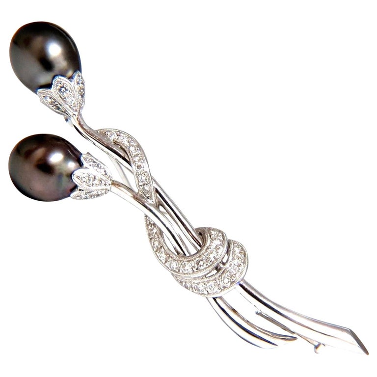 Natural Tahitian Peacock Pearls Diamond Pin 18 Karat at 1stDibs