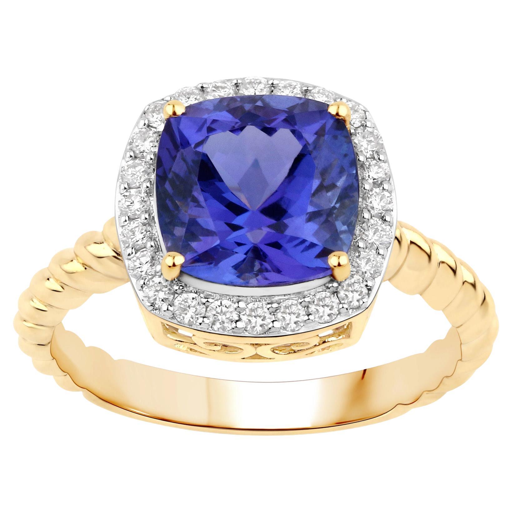 Natural Tanzanite And Diamond Halo Ring 3 20 Carats 14k Yellow Gold For