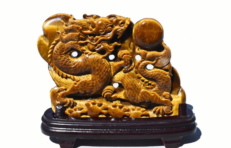Natural Tiger's Eye Statue Dragon Chasing Pearl Statue at 1stDibs