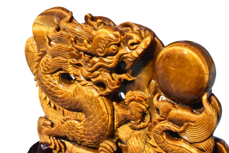 Natural Tiger's Eye Statue Dragon Chasing Pearl Statue at 1stDibs