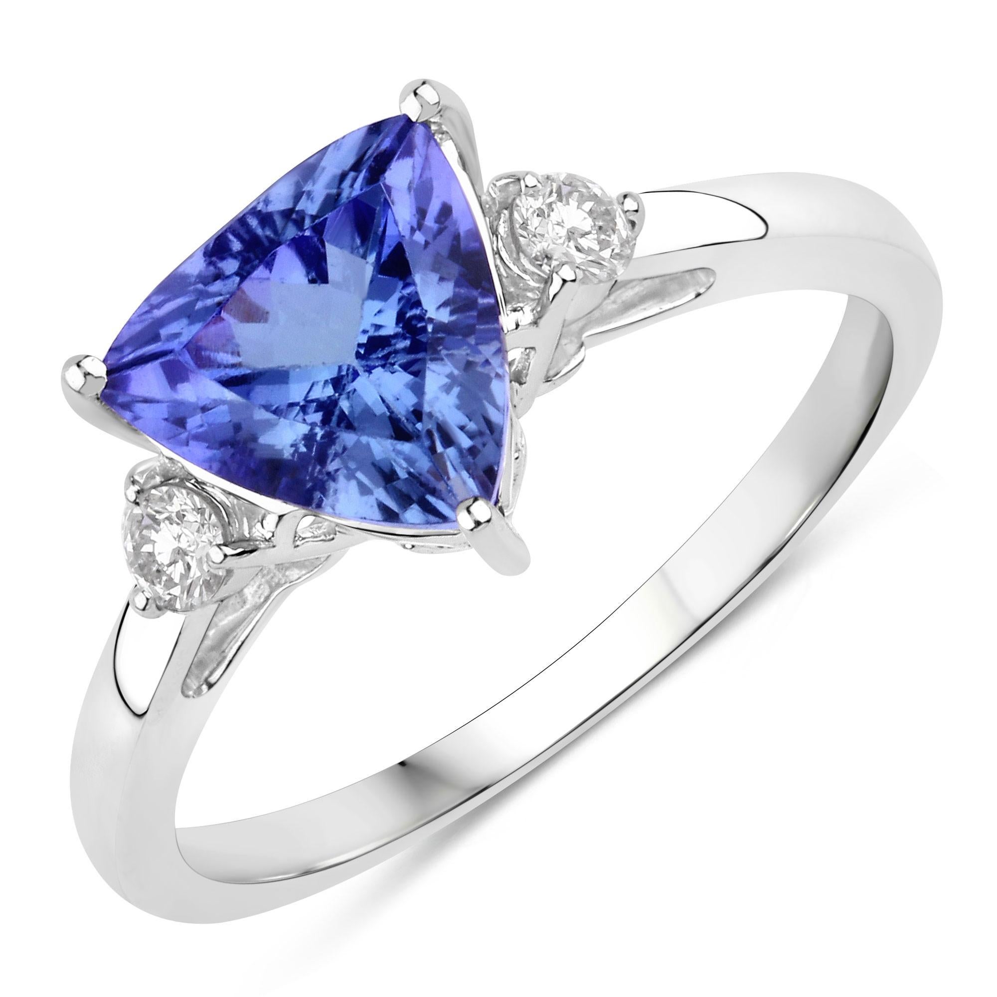 Natural Trillion Cut Tanzanite Ring Side Diamonds 14K White Gold For ...
