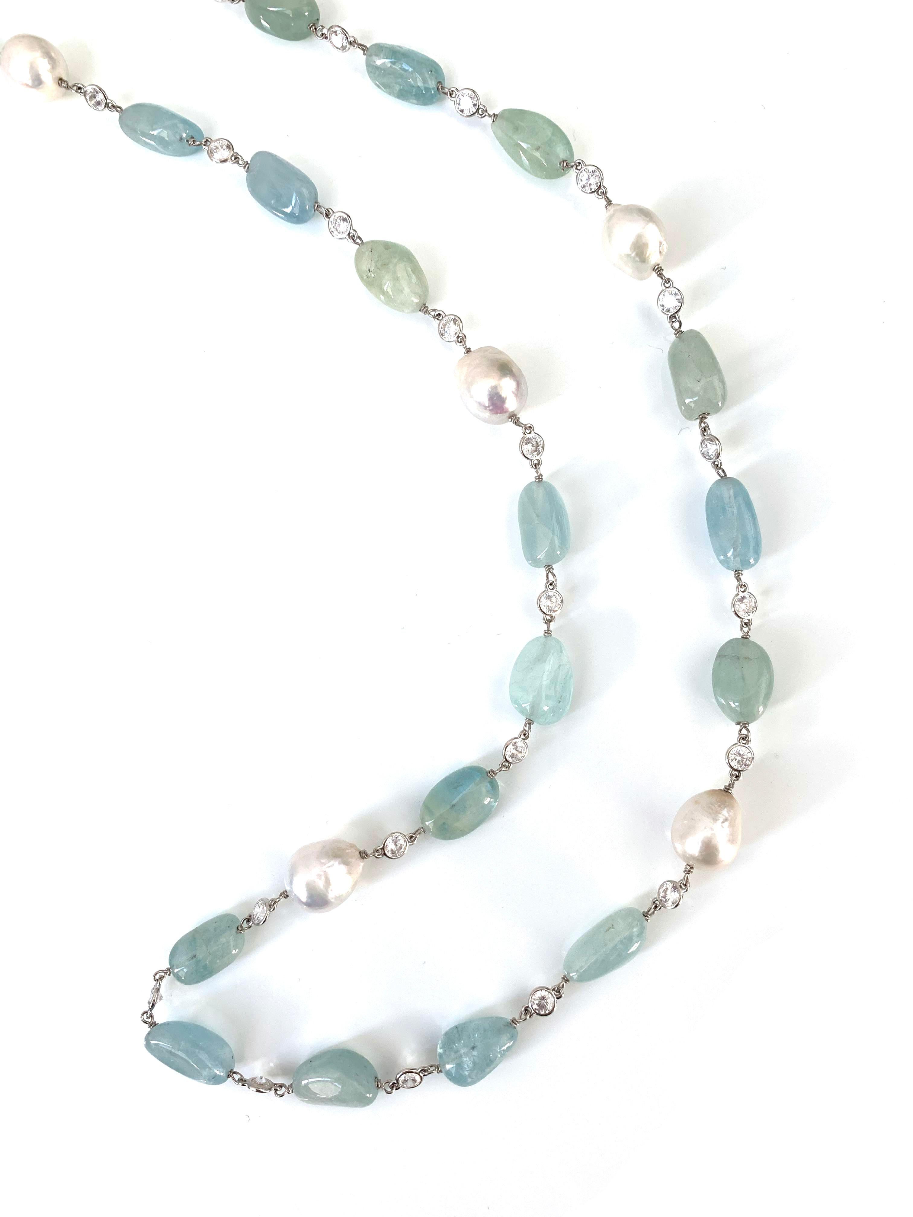 Natural Tumbled Aquamarine Beryl and Baroque Pearl Necklace at 1stDibs