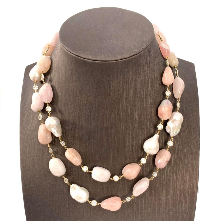Natural Tumbled Morganite and Baroque Pearl Necklace at 1stDibs