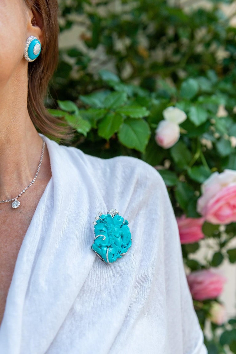 Natural Turquoise Diamond Gold Transformer Pendant Brooch Necklace For ...