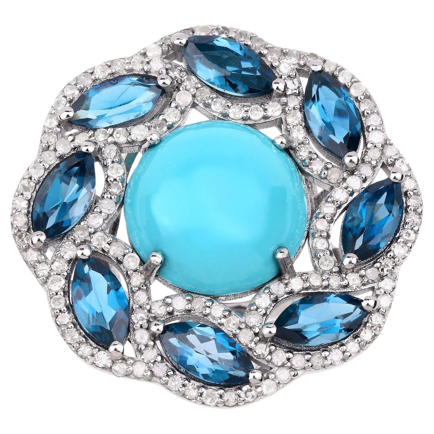 Swiss Blue Topaz Ring With London Blue Topazes and Diamonds 13.87 ...