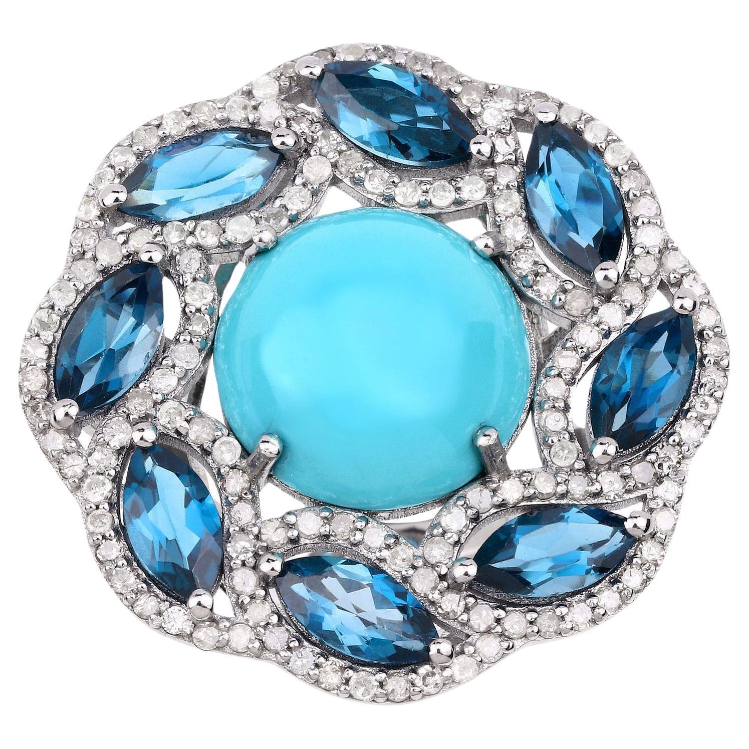 Natural Turquoise London Blue Topaz and Diamonds Floral Ring 13.4 ...