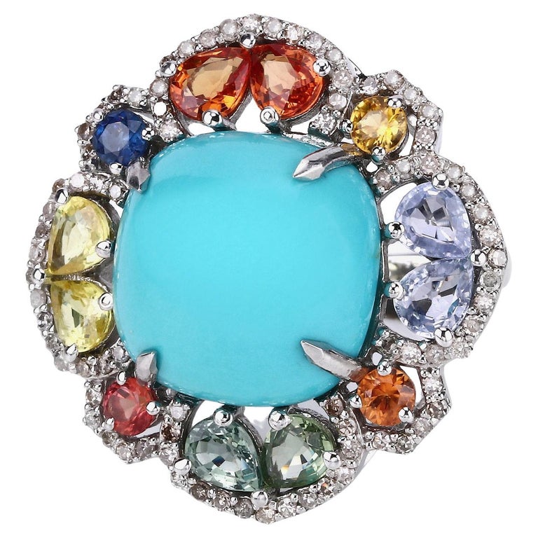 Natural Turquoise Multi Color Sapphires and Diamonds Statement Ring ...