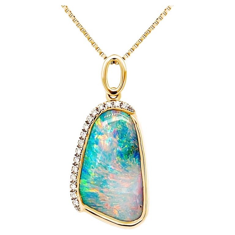 Natural Untreated Australian 6.65ct Boulder Opal Diamonds Necklace 18k Gold For Sale at 1stDibs
