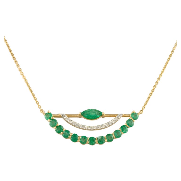 Natural Vivid Green 1.87ct Emerald Diamond Chain Necklace in 14k Yellow ...