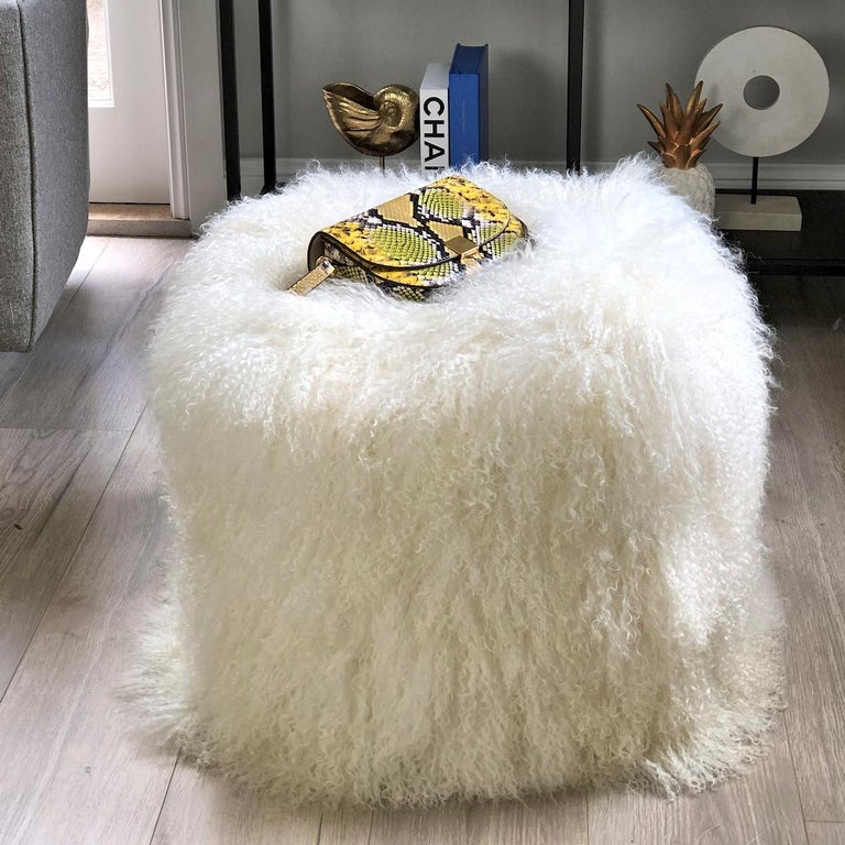 Natural White Fur Ottoman, Mongolian Sheepskin Pouffe For Sale at ...