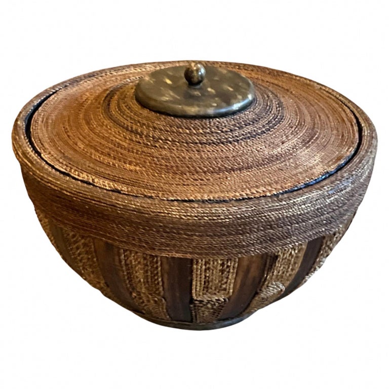 Natural Woven Fiber and Wood Container with Lid For Sale at 1stDibs