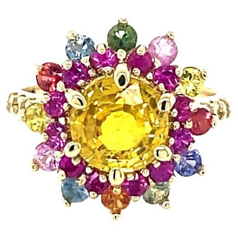 Natural Yellow and Multi Sapphire Halo Diamond Yellow Gold Cocktail ...